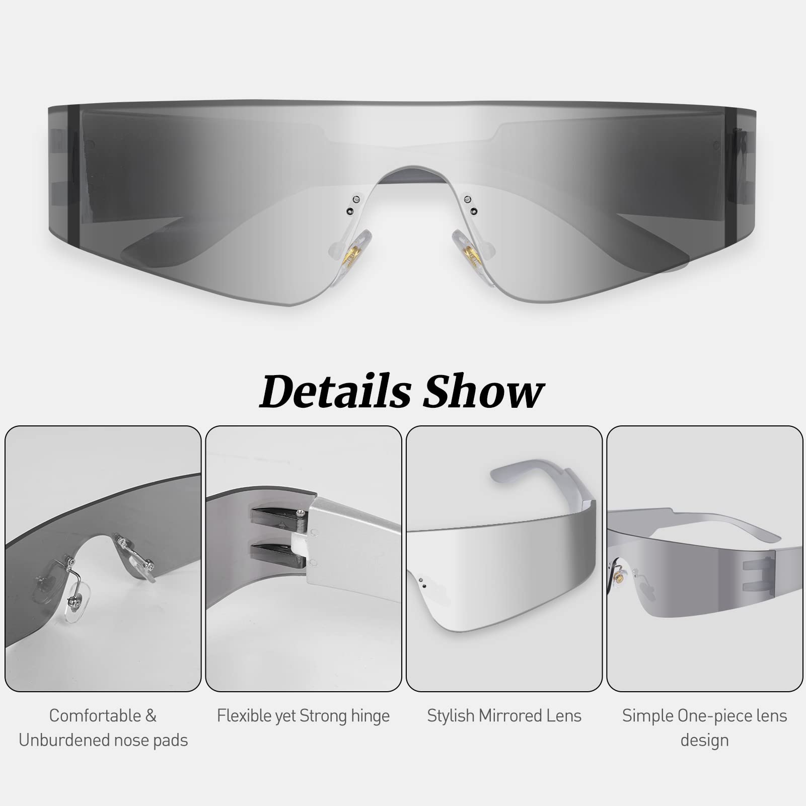 milramtob Futuristic Wrap Around Fashion Sunglasses Y2K Silver Trendy Rimless Glasses Cyberpunk Eyewear Women Men Rave Party