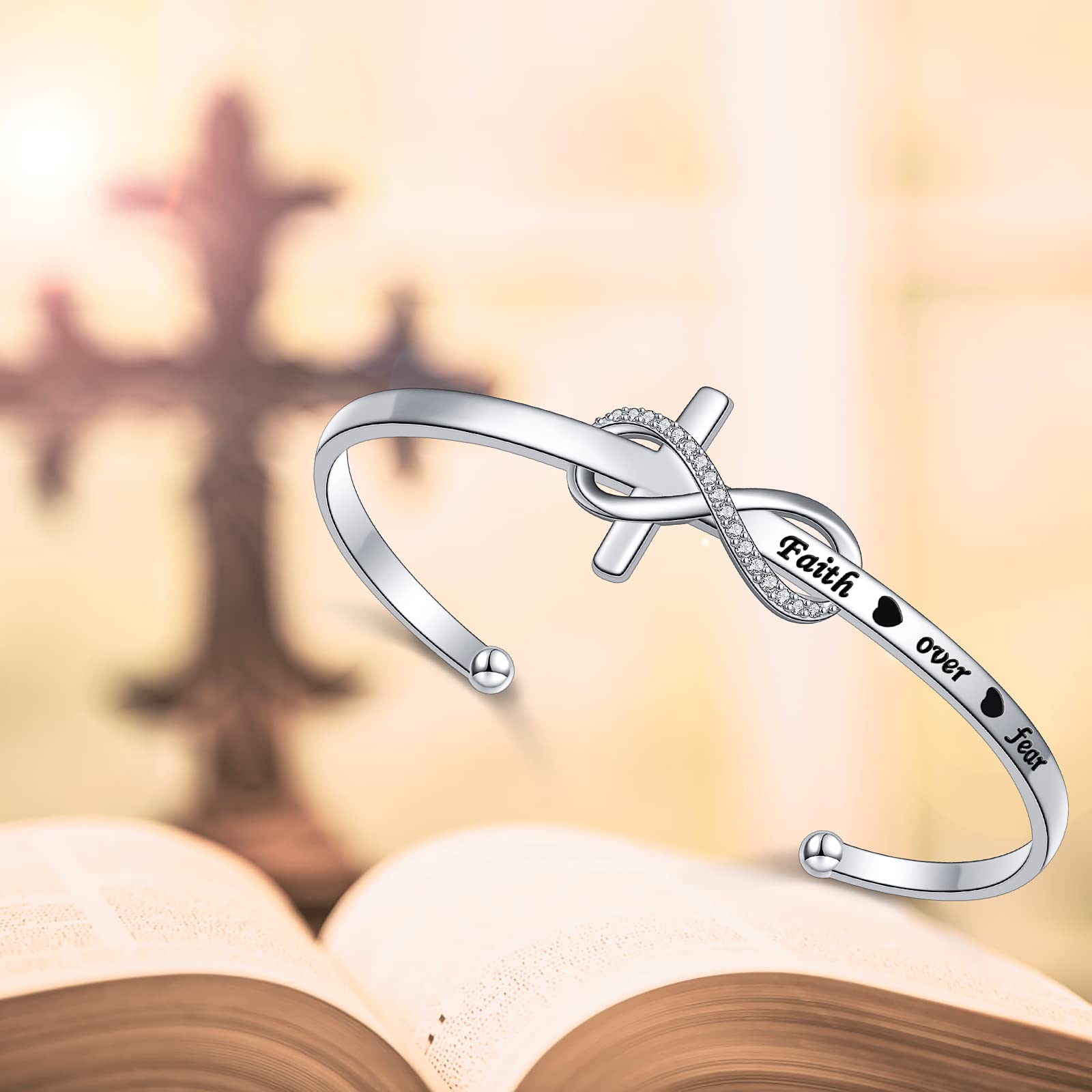 925 Sterling Silver Bible Verse Engraved Be Fearless Faith Over Fear Infinity Love Heart Cross Charm Cuff Bangle Sideways Cross Bracelet Religious Jewelry for Women Daughter Catholic