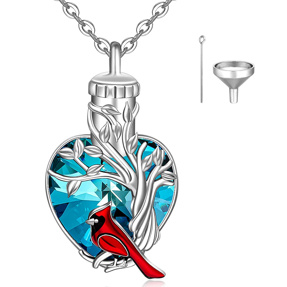 Cardinal Urn Necklace for Ashes for Women Tree of Life Cremation Urn Necklace Sterling Silver Heart Crystal Red Cardinal Memorial Keepsake Jewelry Pendant Christmas Gifts