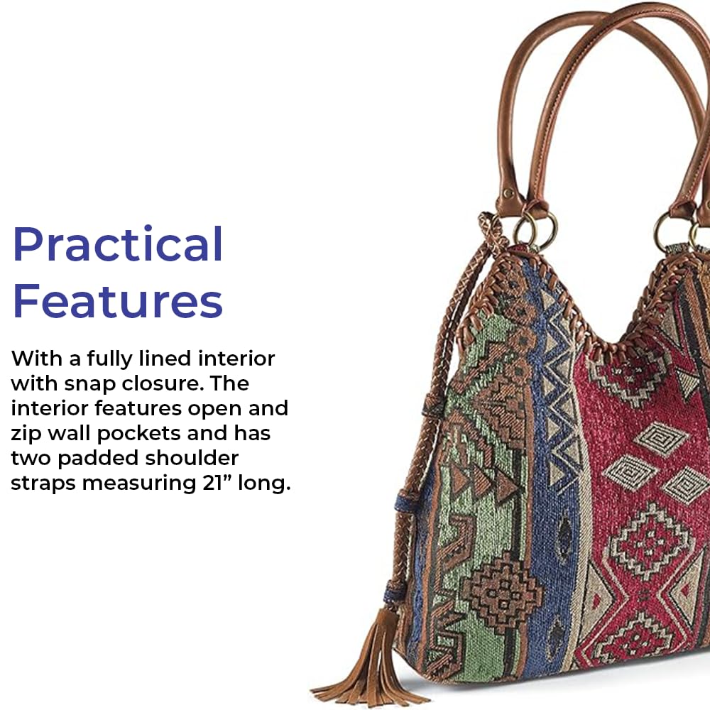 SAGEFINDS Natrona Tapestry Bag | Southwestern Pattern | Slouchy Purse | Snap Closure | Lined Interior with Pockets | 21” Long Double Handles | 16” H x 11” W