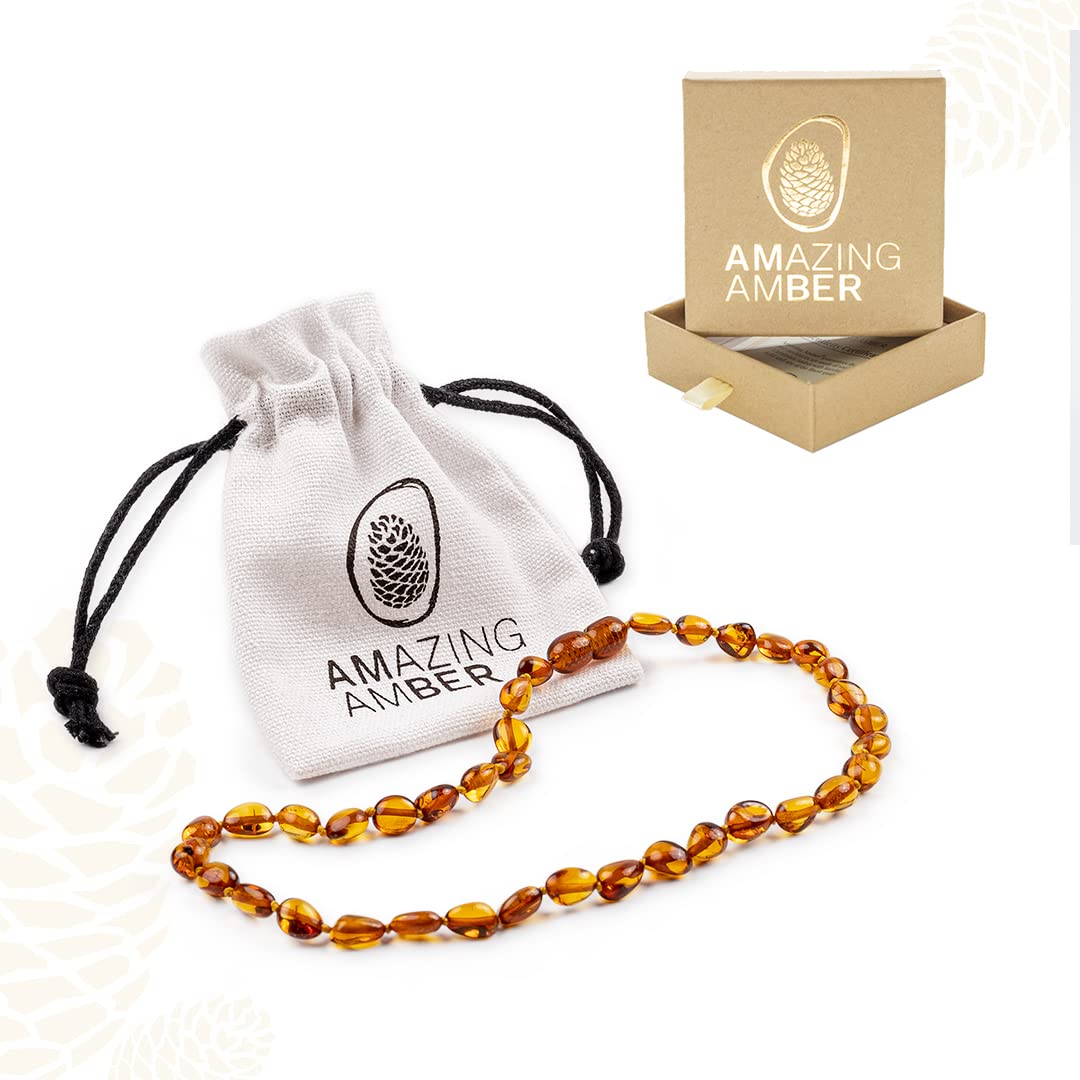 Amber Necklace - 100% Authentic Amber (Rich Honey, 13.5 inches), Certified Amber Necklace with Safety Clasp and Knotted Beads