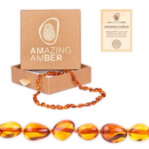 amber necklace - 100% authentic amber (rich honey, 13.5 inches), certified amber necklace with safety clasp and knotted beads