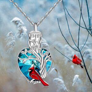 Cardinal Urn Necklace for Ashes for Women Tree of Life Cremation Urn Necklace Sterling Silver Heart Crystal Red Cardinal Memorial Keepsake Jewelry Pendant Christmas Gifts