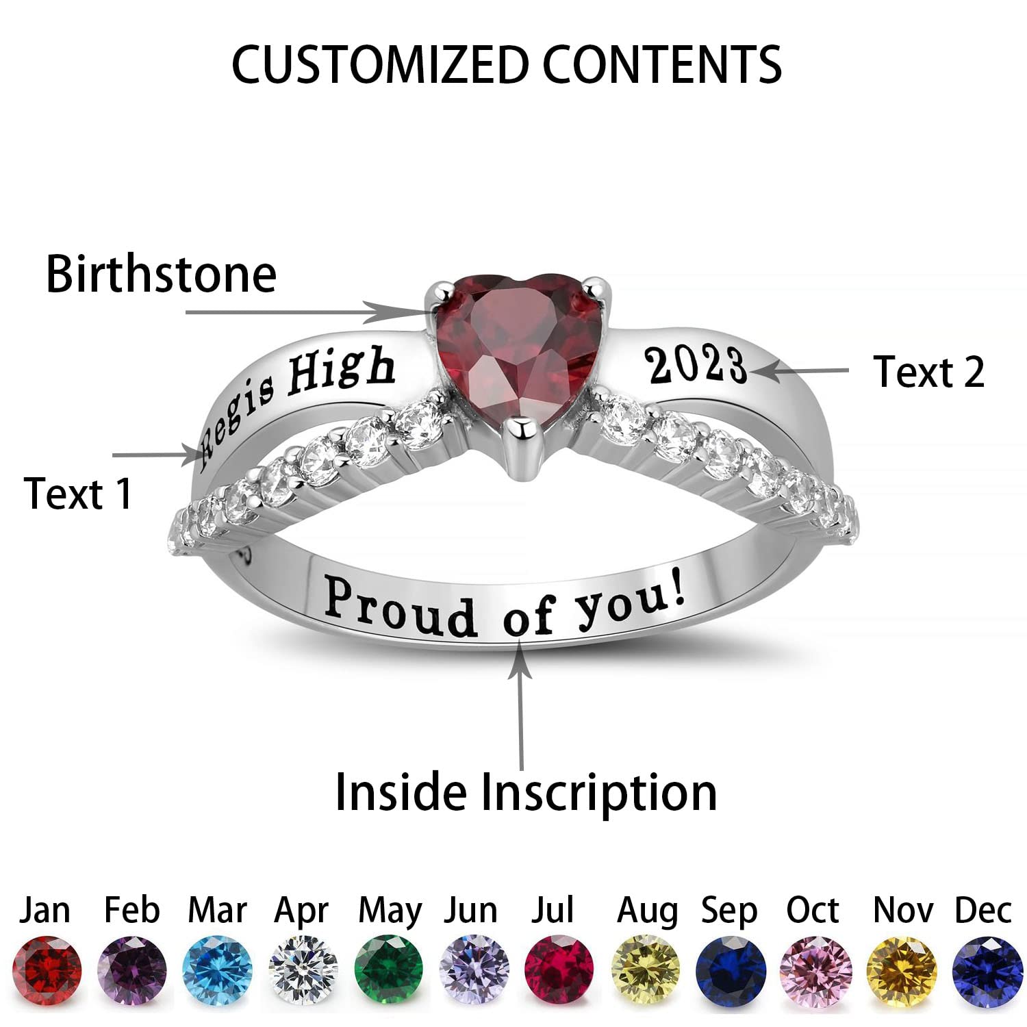 Ccjcinata Personalized Custom Class Rings for Women High School Cubic Zirconia Birthstone Rings 925 Sterling Silver Women's Rings Size 5-15 Graduation Rings for Women