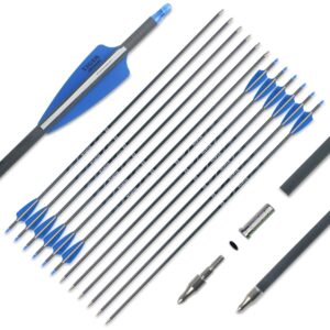 tiger archery 400-30inch carbon hunting arrows archery target practice arrows with removable tips for recurve bow and compound bow 12-pack (30inch, blue white)