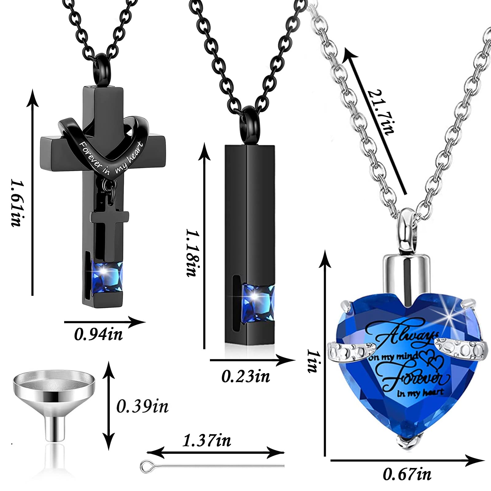 weikui 3 Pieces Heart Cross Cubic Urn Necklace for Ashes for Men Women Cremation Jewelry Crystal Memorial Locket Ashes Pendant Family Keepsake Sharing Jewelry Set (3 Black Pendants - Blue)