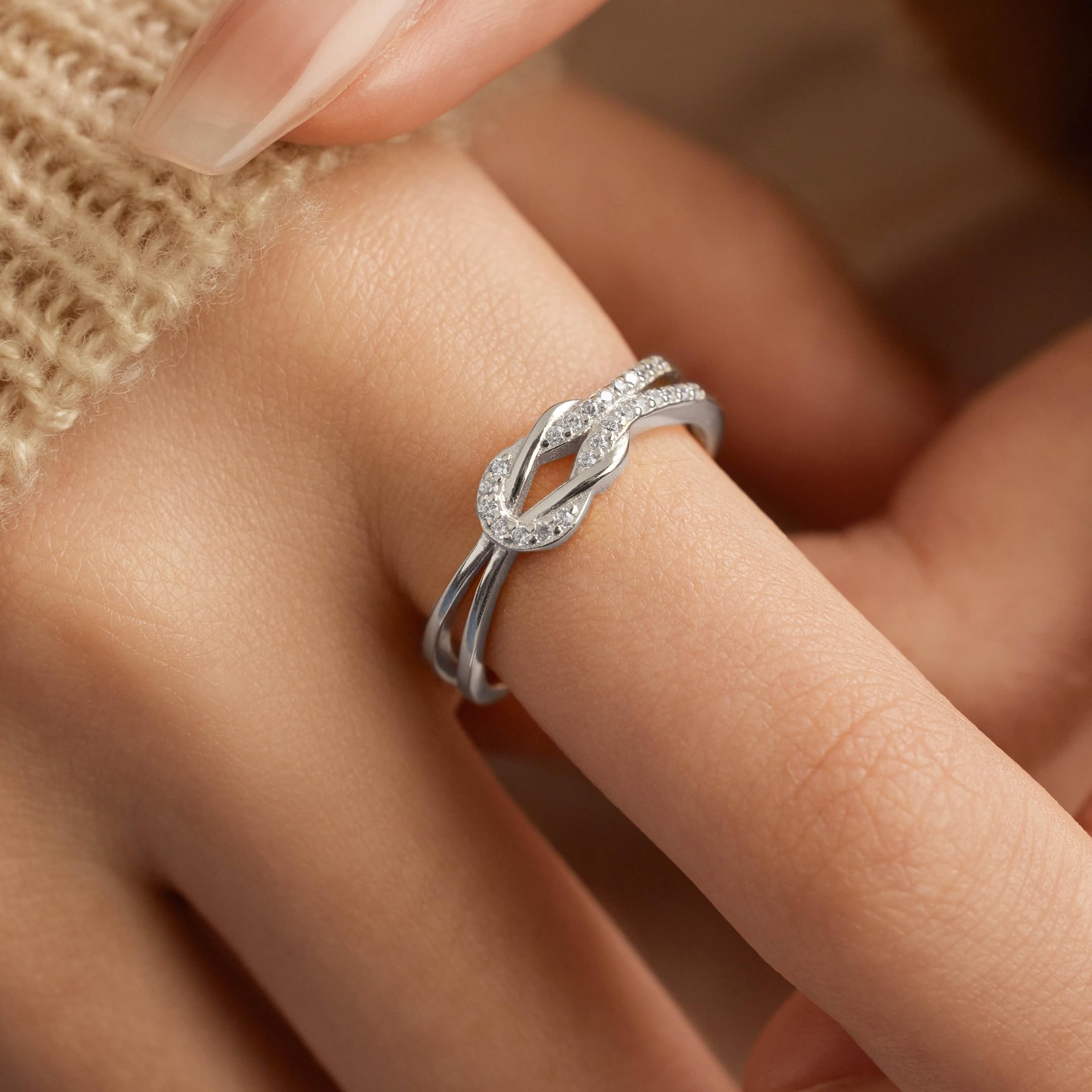 KIFUTENG Mother Daughter Rings Best Friend Knot Rings 925 Sterling Silver Knot Ring Dainty CZs Stacking Square Ring Bands for Women Valentine's Day Gifts Jewelry Size 5-10 (Silver, 7)