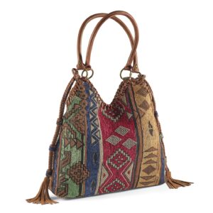 sagefinds natrona tapestry bag | southwestern pattern | slouchy purse | snap closure | lined interior with pockets | 21” long double handles | 16” h x 11” w