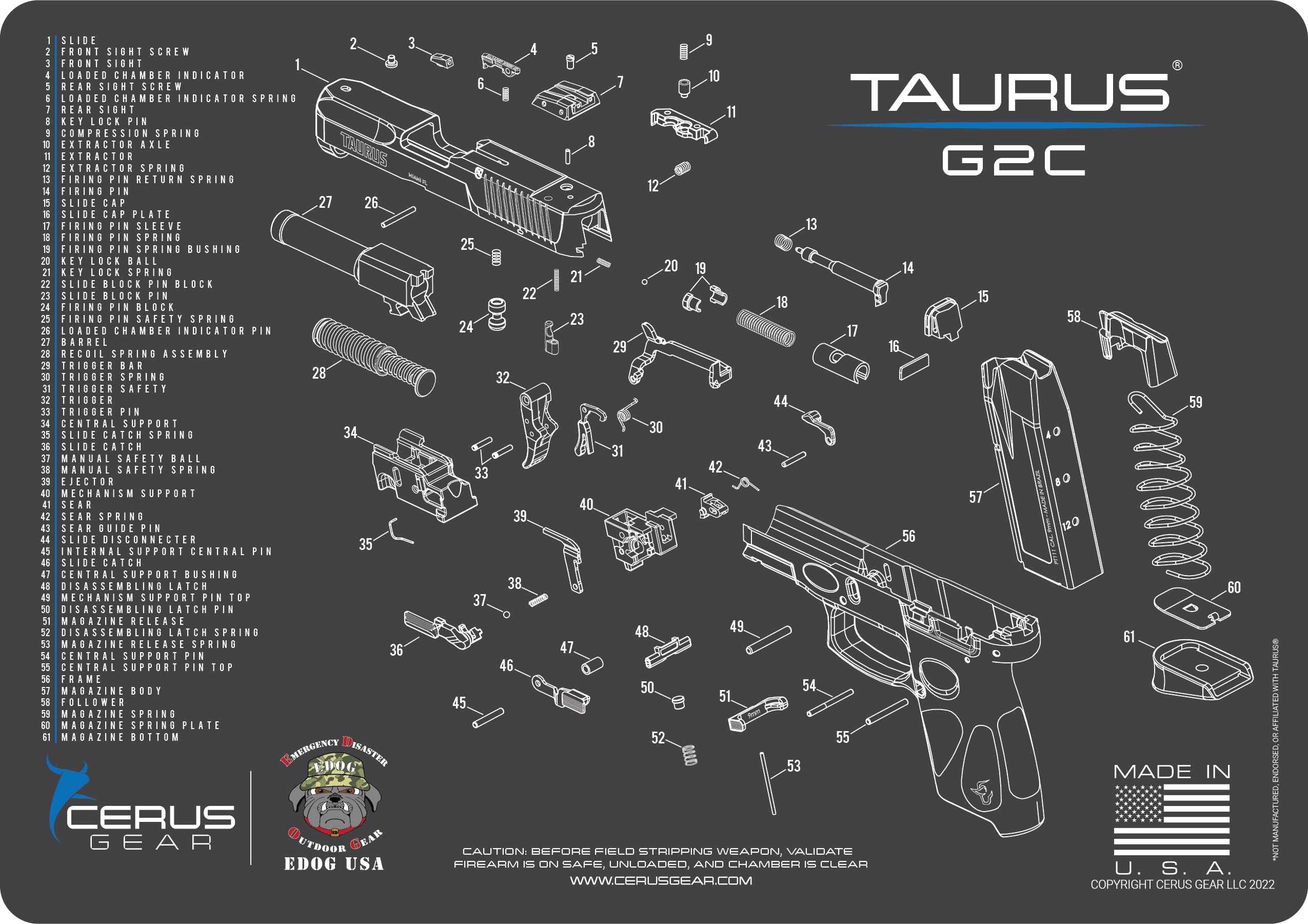 EDOG G2C Gun Cleaning Mat - Schematic (Exploded View) Diagram Compatible with Taurus G2C Series Pistol 3 mm Padded Pad Protect Your Firearm Magazines Bench Surfaces Gun Oil Solvent Resistant