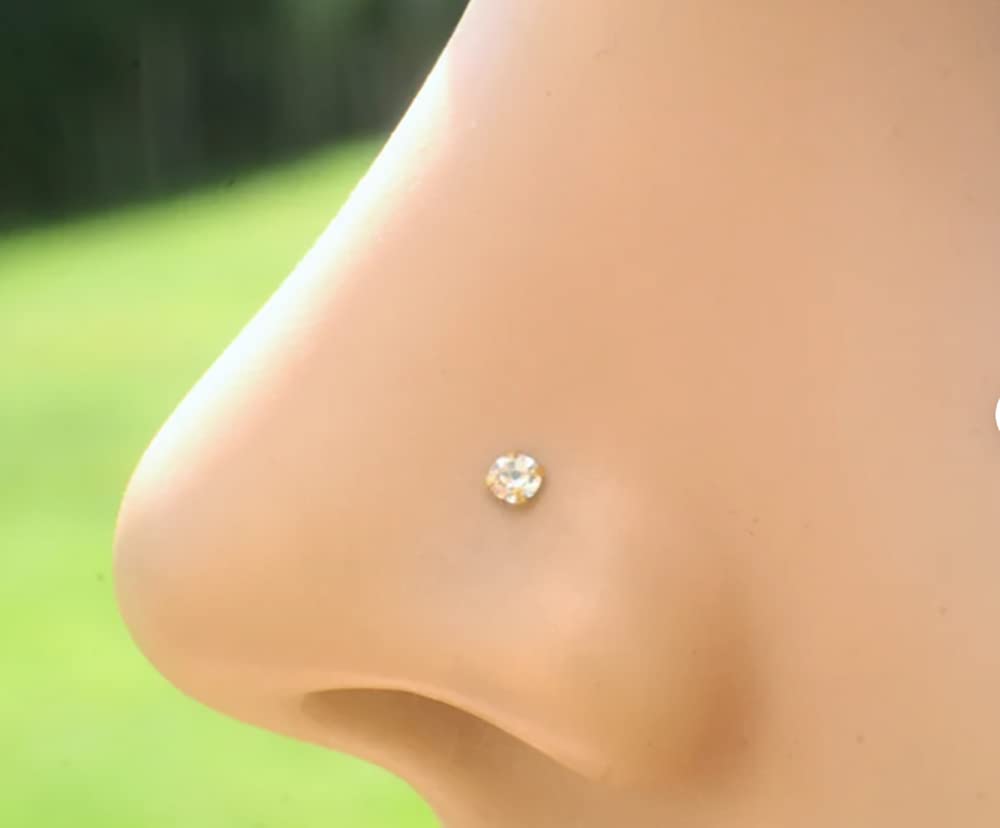 PiercingPoint 1.5mm Round Cz Stone 14K Yellow Gold 20 Gauge L Shape Nose Stud- Tiny Nose Ring- L Shaped Nose Ring- 14K Gold Nose Stud- Dainty Nose Stud- Thin Nose Ring