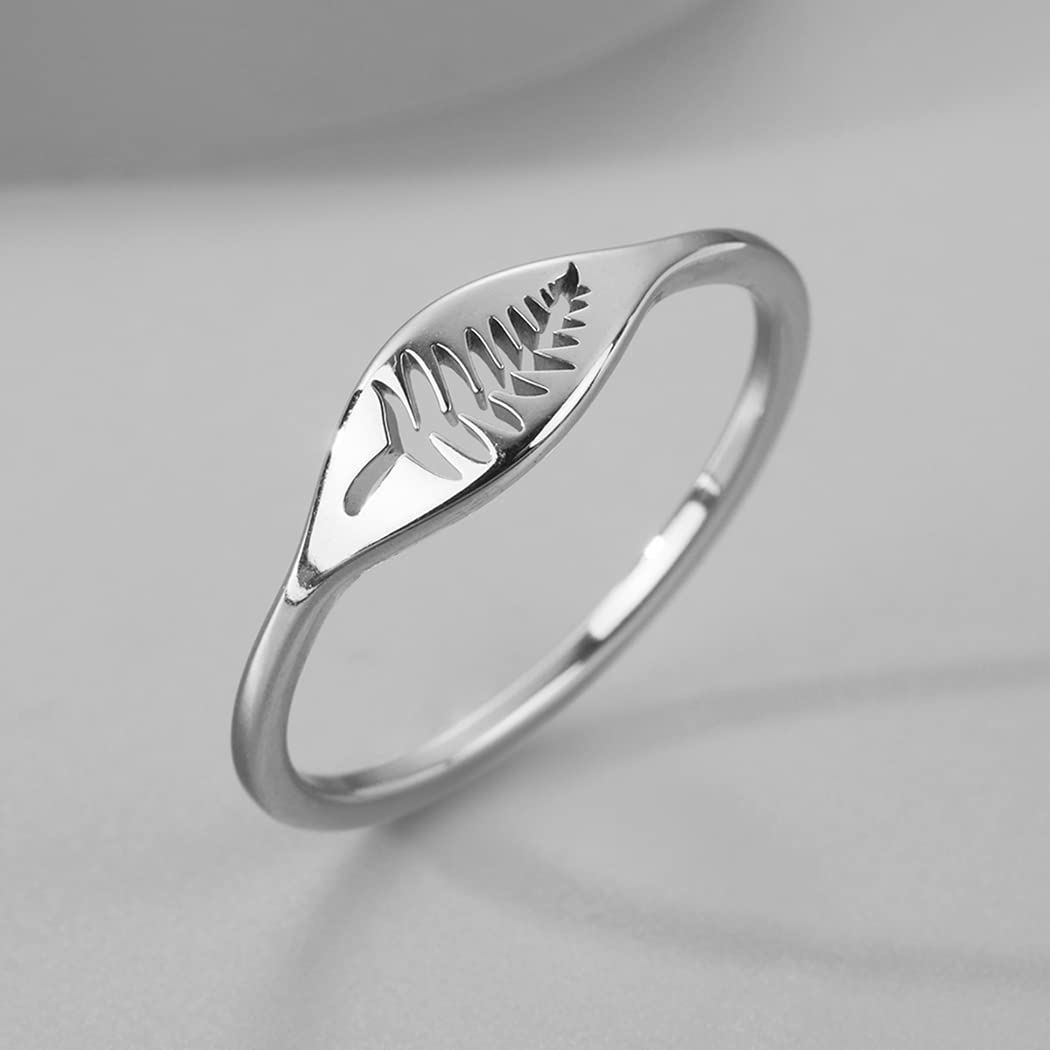 QIAMNI Fashion Stainless Steel Nature Fern Leaf Ring For Women Woodland Jewelry Plants Leaves Finger Rings Wedding Gifts (SILVER)