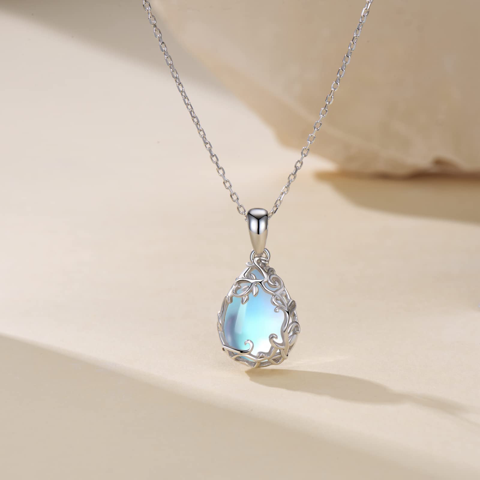 SVODEA Teardrop Moonstone Necklace for Women,925 Sterling Silver Created Water-Shaped Moonstone Cage Filigree Necklaces, Gold Plated, Moonstone