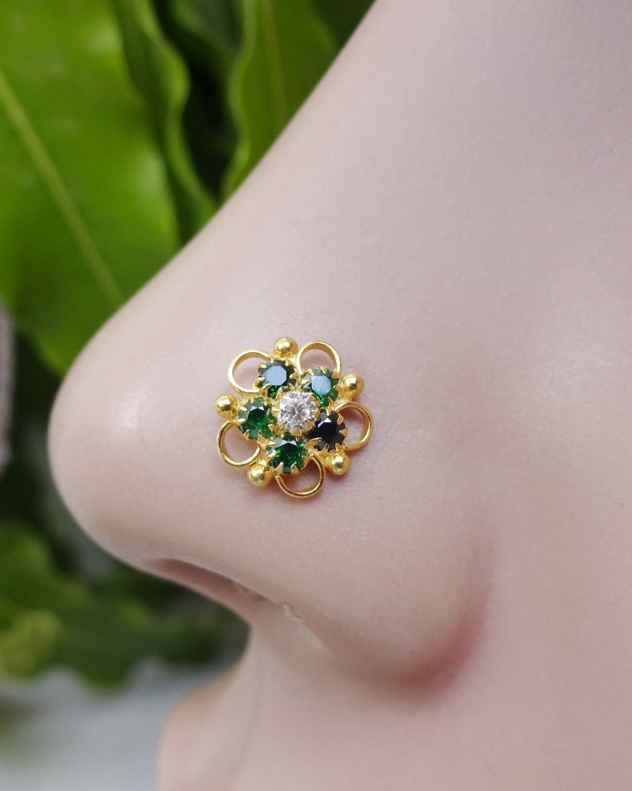 Emerald Nose Stud Crock Screw Flower Ring Gold Unique Indian Piercing CZ Simulated Diamond Jewelry, Green,White,Emerald