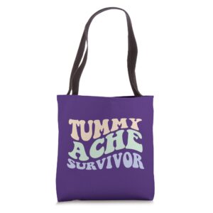 tummy ache survivor my stomach hurts funny wavy meme tote bag