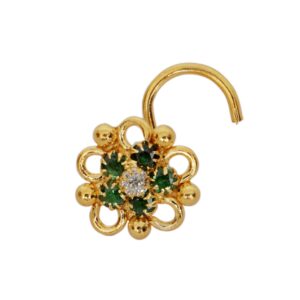 Emerald Nose Stud Crock Screw Flower Ring Gold Unique Indian Piercing CZ Simulated Diamond Jewelry, Green,White,Emerald