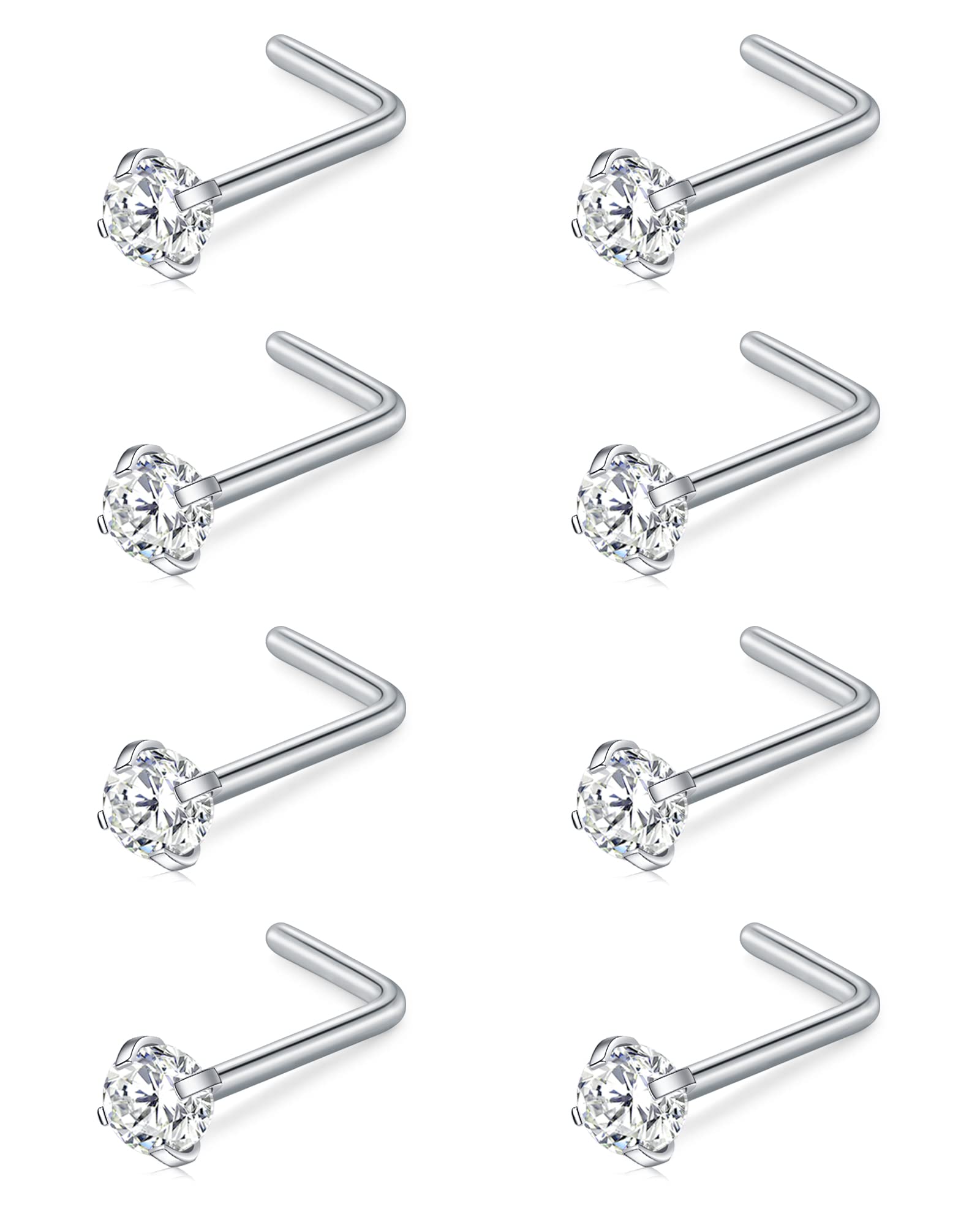 FECTAS 3mm CZ Top L Shape Nose Studs Ring 18G 20G Surgical Steel 1.5mm 2mm 2.5mm Clear CZ Silver for Women Men Girls Nostril Piercing Jewerly