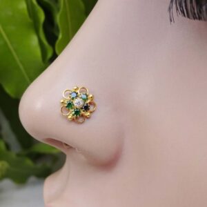 Emerald Nose Stud Crock Screw Flower Ring Gold Unique Indian Piercing CZ Simulated Diamond Jewelry, Green,White,Emerald