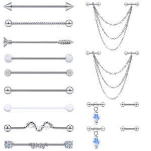 dyknasz 14g stainless steel industrial earrings with chain dangle industrial piercing jewelry double cartilage forward helix earring industrial barbell for women men