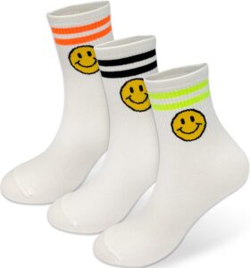 holawit happy face fun design positive smile quarter socks with neon double stripes for women 3p set