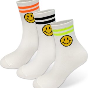 holawit Happy Face Fun Design Positive Smile Quarter Socks with Neon Double Stripes for Women 3P Set