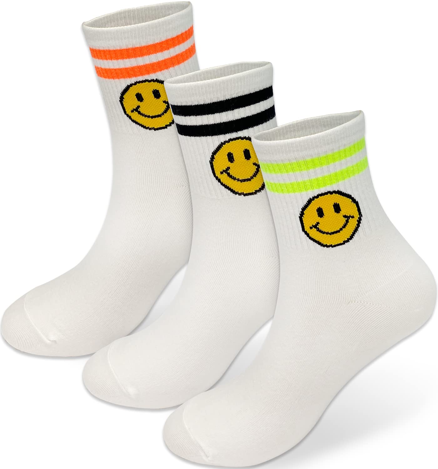 holawit Happy Face Fun Design Positive Smile Quarter Socks with Neon Double Stripes for Women 3P Set