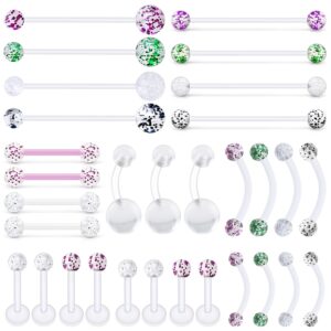 hoeudjo 31pcs plastic piercing retainer pregnancy belly button rings bioflex tongue nipple rings for surgery eyebrow lip studs tragus earring industrial bar piercing jewelry for work sports mri