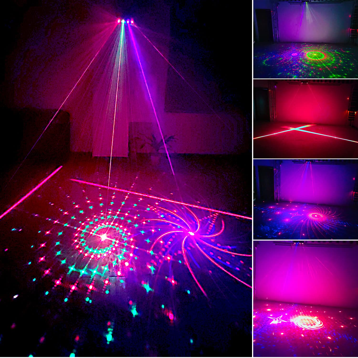 Upgraded 4 Lens DJ Disco Lights for Parties Laser Light Show with 9 LED Strobe Lights Remote&DMX512 Control, Sound Activated Club Lights for Home Party Birthday,Halloween,Christmas