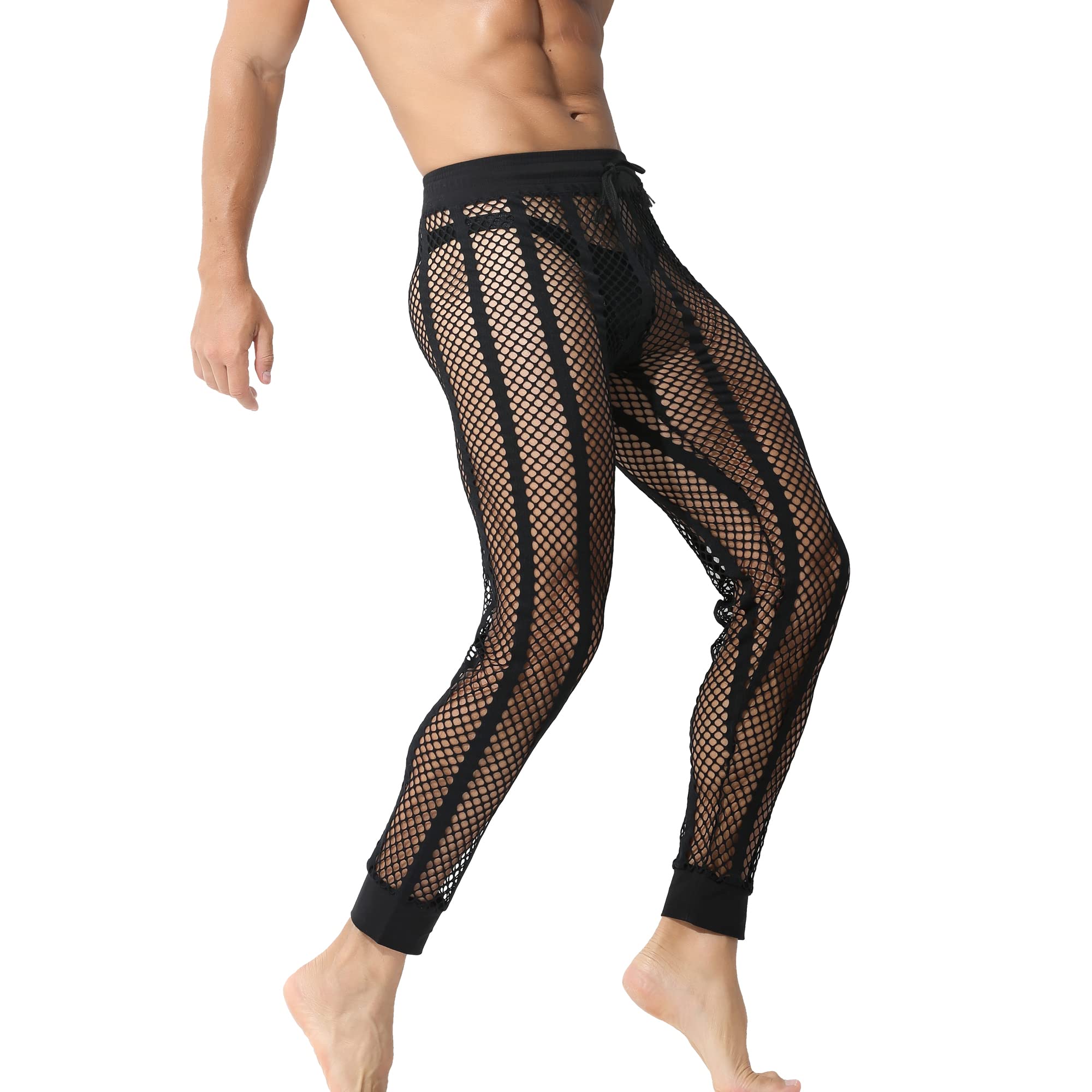 YUFEIDA Men's Fishnet Pants Drawstring Bottoms Low Rise Mesh Leggings Muscle Fit Long Pants See Through Thermal Bottoms Black