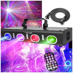 upgraded 4 lens dj disco lights for parties laser light show with 9 led strobe lights remote&dmx512 control, sound activated club lights for home party birthday,halloween,christmas