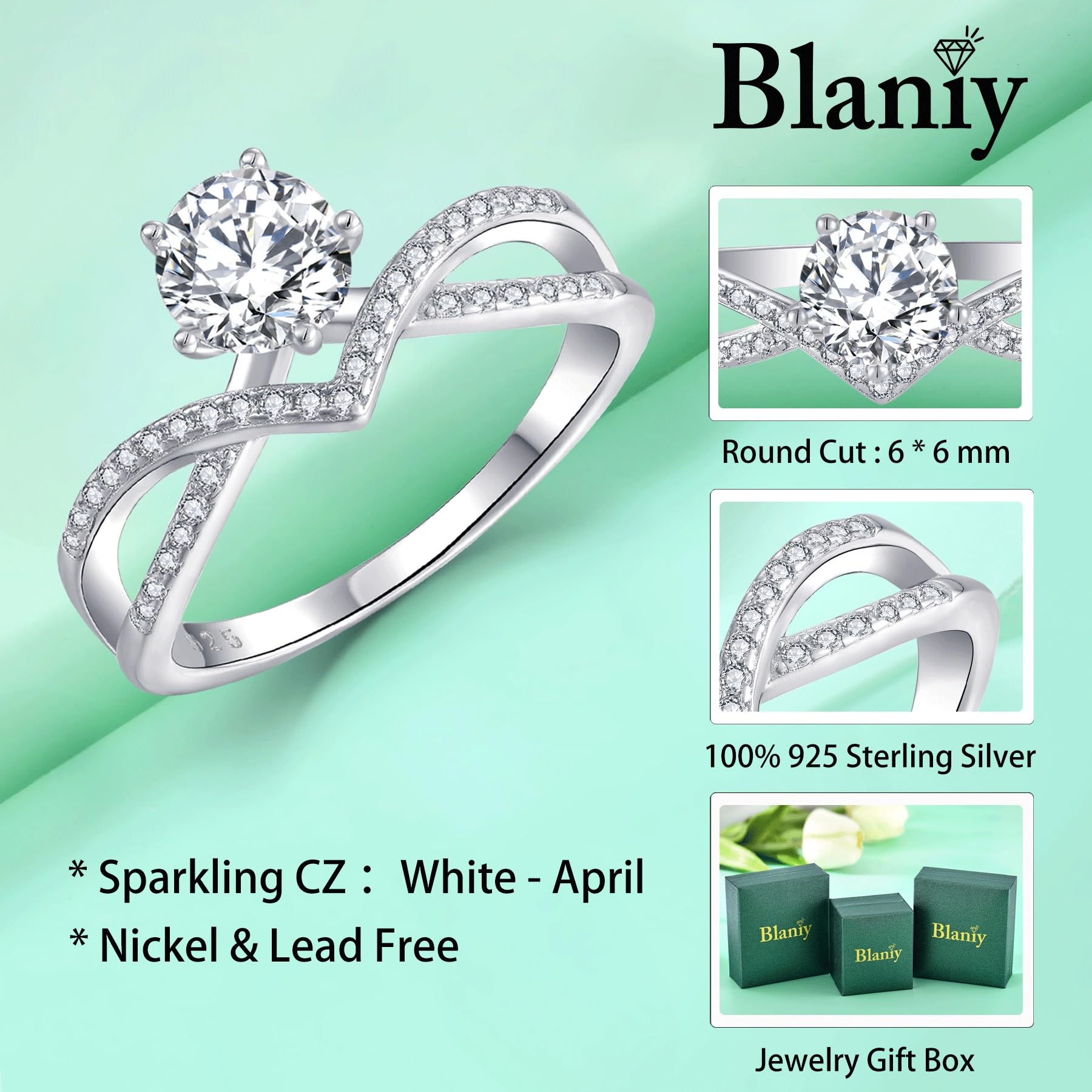 Blaniy Engagement Rings 925 Sterling Silver 6mm Round Cut Promise Ring Wedding Eternity Anniversary Ring Simulated Diamond April Birthstone Jewelry for Women Size 5