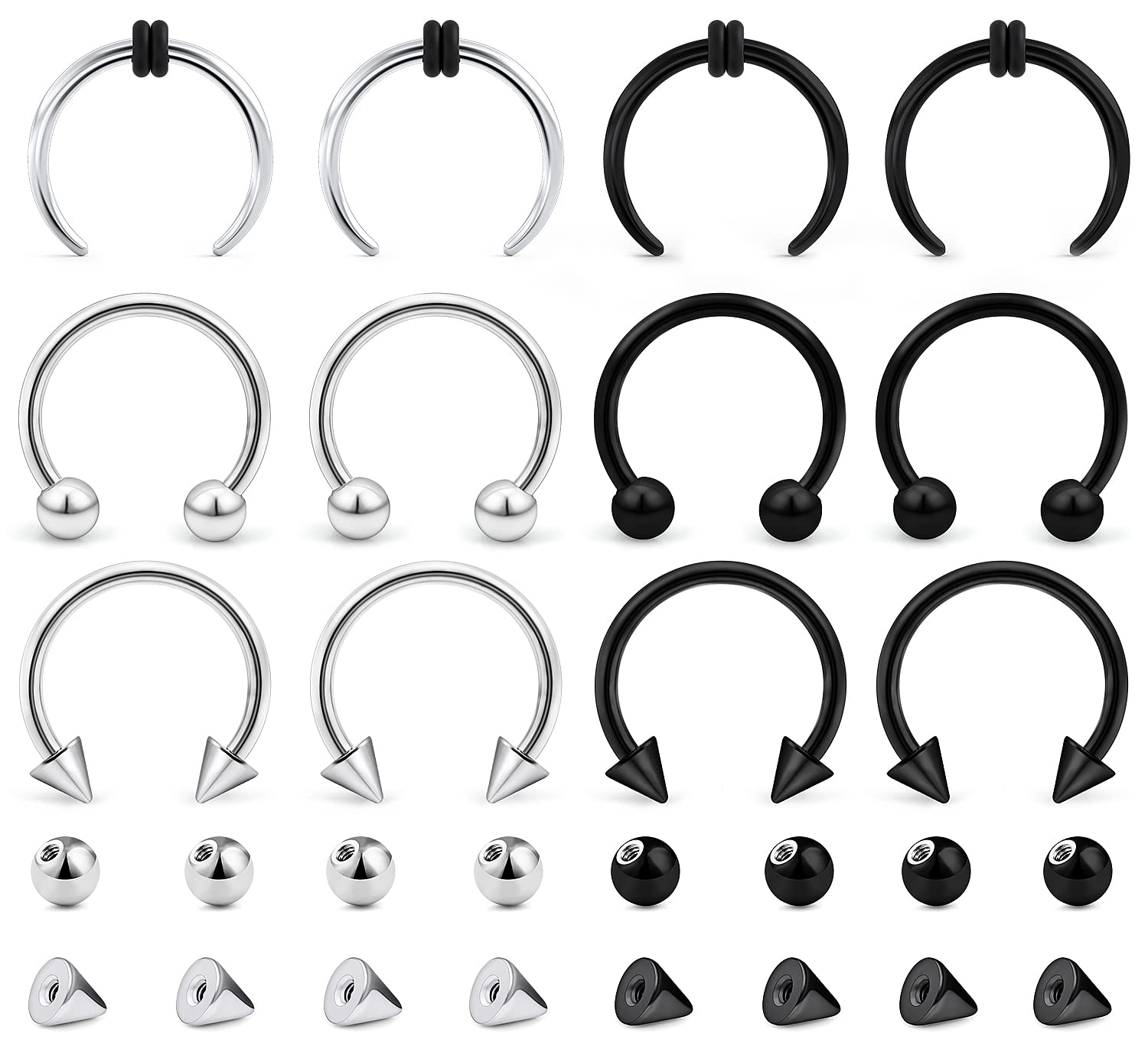 Ovxznts 16G Surgical Steel Septum Rings Nose Septum Horseshoe Hoop Lip Smiley Piercing Jewelry Eyebrow Ring Daith Earrings Replacement Ball and Spikes Set