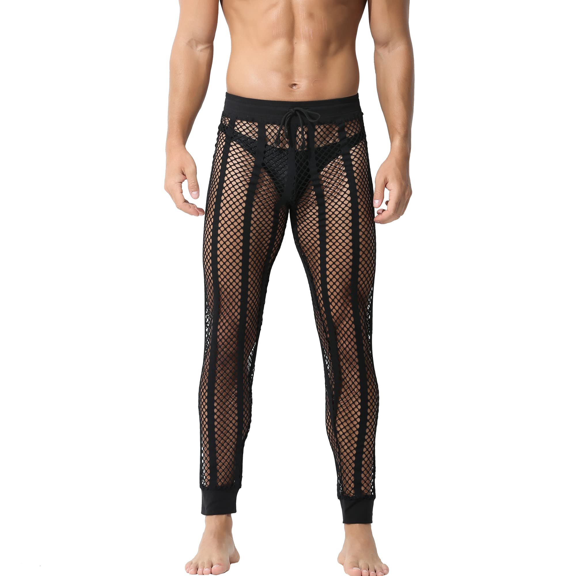 YUFEIDA Men's Fishnet Pants Drawstring Bottoms Low Rise Mesh Leggings Muscle Fit Long Pants See Through Thermal Bottoms Black