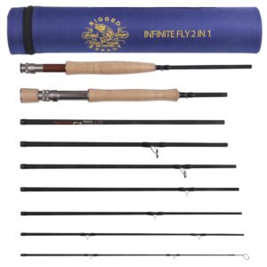 rigged and ready 2-in-1 fly fishing travel rod. 2 rods. 9ft 273cm #6 7ft 213cm and #4 fishing rod options 2 handle combination. toray carbon-8 sections. tube 18’ 45cm