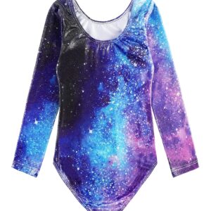 HOZIY Long Sleeve Gymnastics Leotards for Girls 7-8 Size 6-7 Year Old Blue Purple Galaxy Dance Clothes Tumbling Outfits Unitard Sparkle Kids Bodysuit Outfits Sleeved