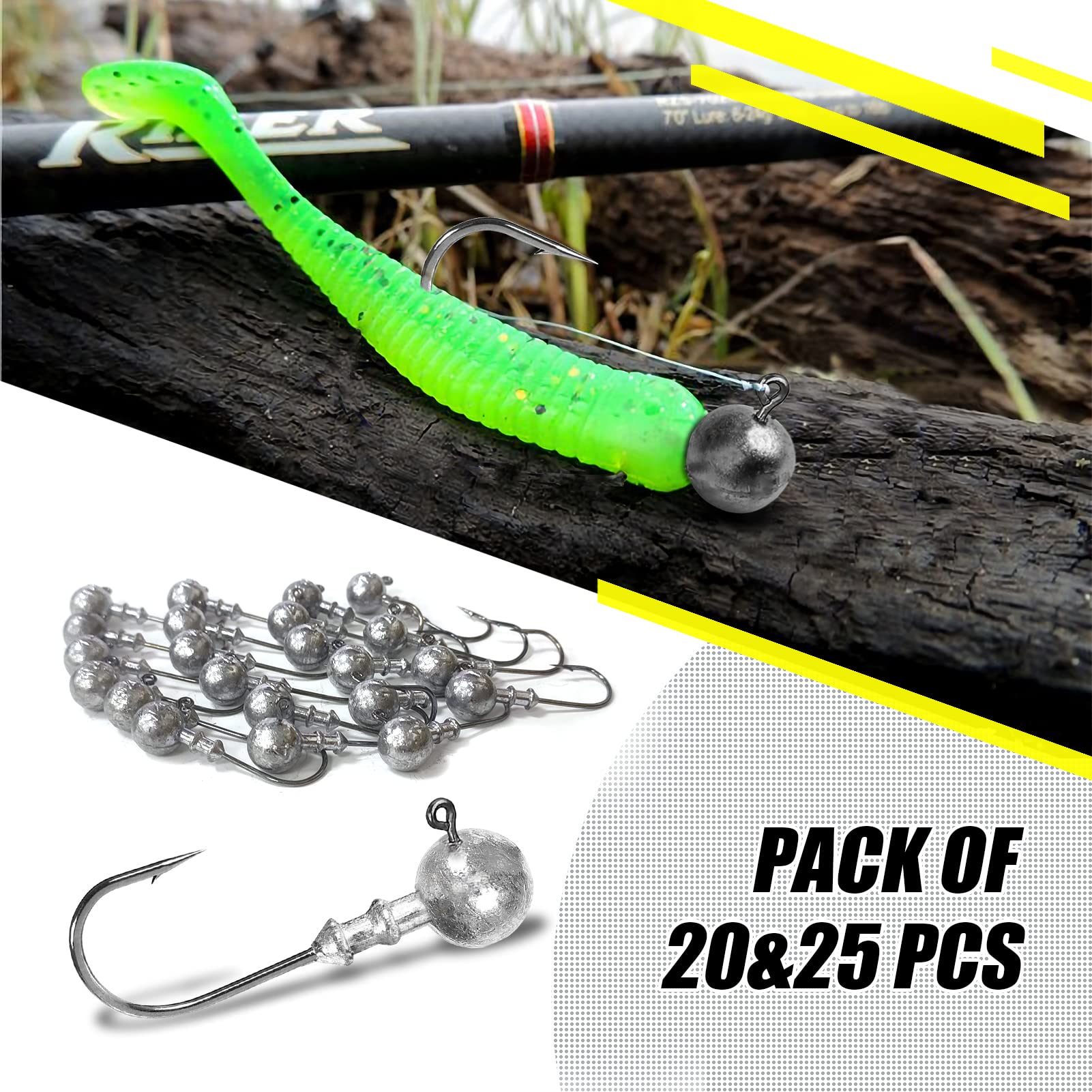 AMYSPORTS Bass Saltwater Jig Head Hooks Freshwater Sharp Jig Hooks Lead Round Ball Fishing Jigs Lead 25pcs 1/4oz