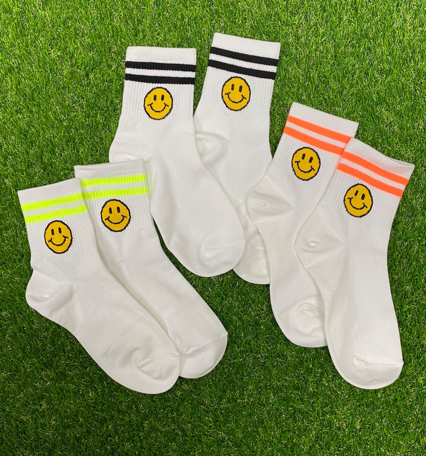 holawit Happy Face Fun Design Positive Smile Quarter Socks with Neon Double Stripes for Women 3P Set