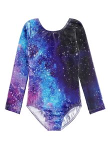 hoziy long sleeve gymnastics leotards for girls 7-8 size 6-7 year old blue purple galaxy dance clothes tumbling outfits unitard sparkle kids bodysuit outfits sleeved