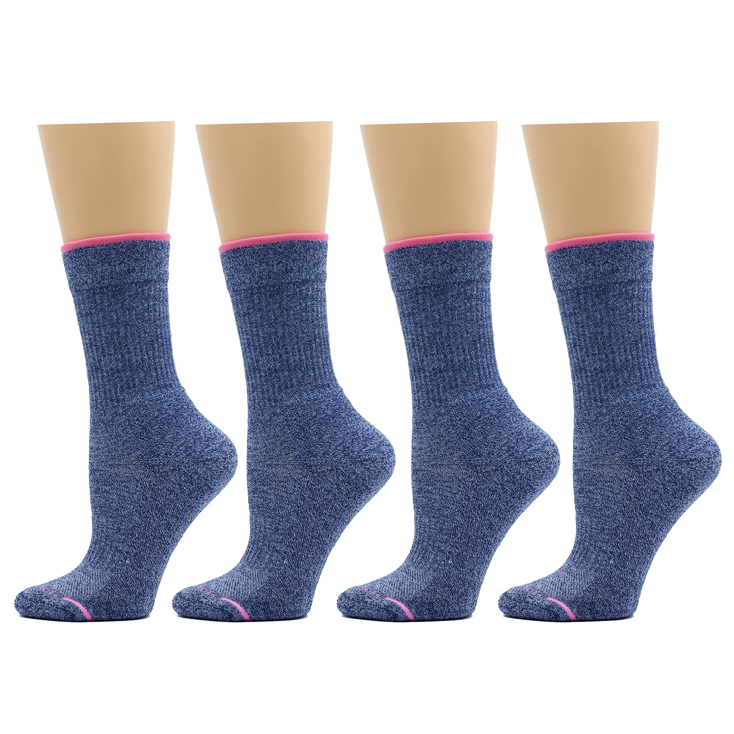 Dr. Motion Women Outdoor Hiking Walking Compression Crew Socks With Enhanced Cushion And Breathable Arch Support 4 Pairs (Solid Denim)