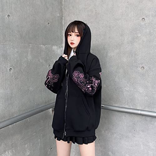 Women Y2K Fall Goth Skeleton Dark Academia Zip Up Hoodie, Harajuku Alt Punk Vintage Emo Graphic Korean Hooded Jacket (M,Medium) Black