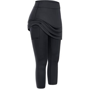 athletic pants legging skirted pockets tennis elastic capris women yoga skirts sports butt lifting leggings (black, l)