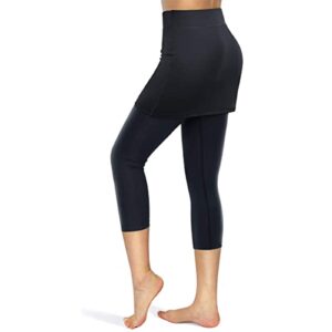 Athletic Pants Legging Skirted Pockets Tennis Elastic Capris Women Yoga Skirts Sports Butt Lifting Leggings (Black, L)