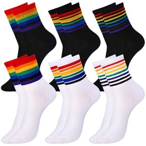 bencailor 6 pairs crew socks striped rainbow athletic cotton novelty ankle socks casual multicolored unisex matching socks (vivid)