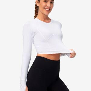 SANTINY Women's Long Sleeve Crop Workout Tops Slim Fit Gym Yoga Running Shirts for Women(A White_M)