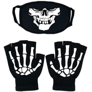 bomjjor fingerless skeleton gloves and skull mask for men women glow in dark facemask riding knit gloves face mask glove set (glove and mask)