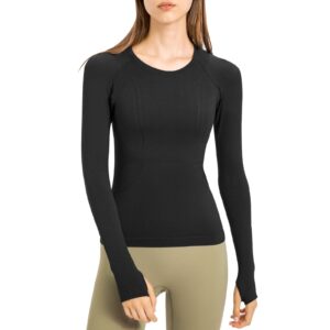 long sleeve workout shirts for women seamless yoga tops, running t-shirt breathable gym athletic tops slim fit black