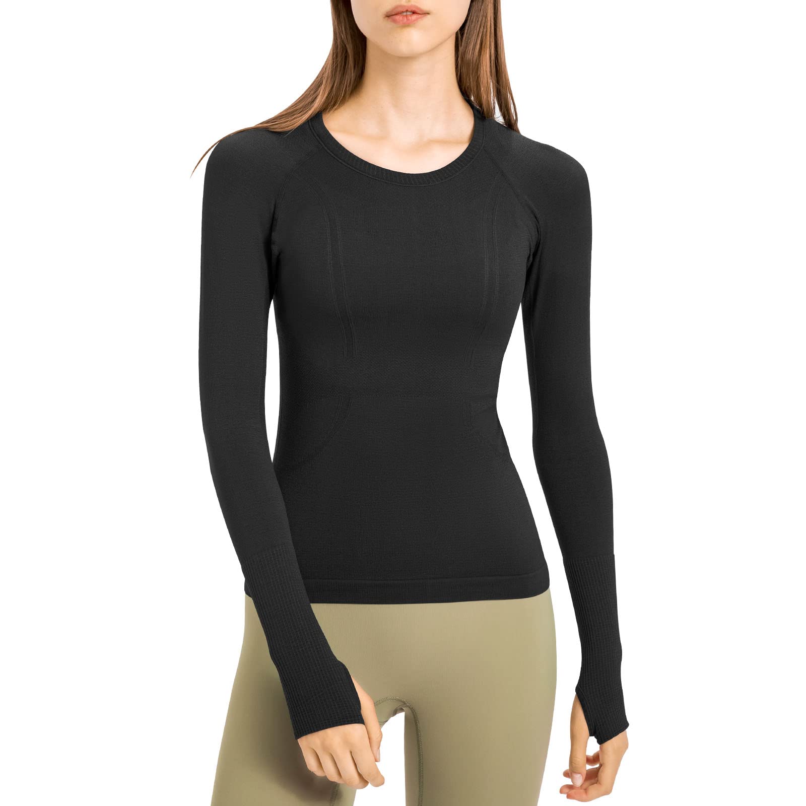 Long Sleeve Workout Shirts for Women Seamless Yoga Tops, Running T-Shirt Breathable Gym Athletic Tops Slim Fit Black