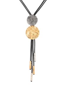 kisskiko long necklaces tassel sweater chain for woman | girls retractable lucky disk pendant | gold/silver black ore rhinestones pu leather rope y necklace gift