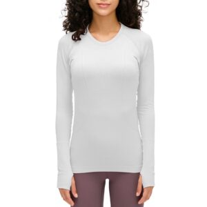 long sleeve workout shirts for women seamless yoga tops, running t-shirt breathable gym athletic tops slim fit white