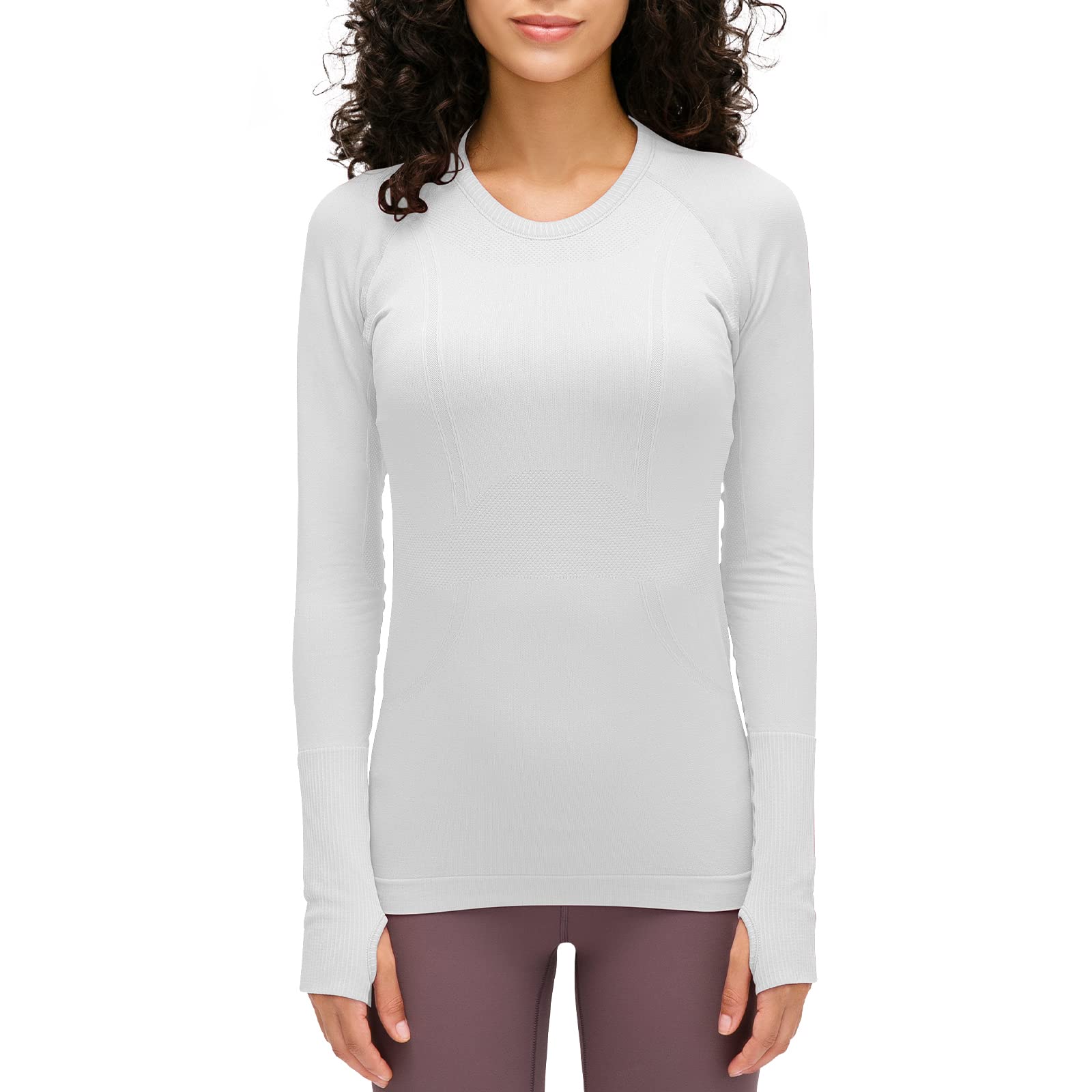 Long Sleeve Workout Shirts for Women Seamless Yoga Tops, Running T-Shirt Breathable Gym Athletic Tops Slim Fit White