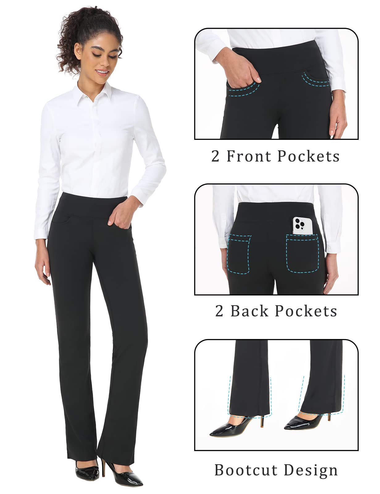 Safort 28" 30" 32" 34" Inseam Regular Tall Bootcut Yoga Pants, 4 Pockets, UPF50+, 31 Inseam, Black, XXXL